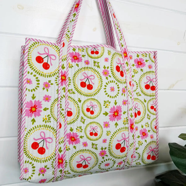 Quilted Tote Bag - White Cherries & Bows – Lauren Ferrell Designs